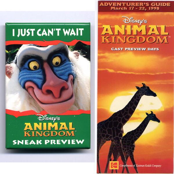 ラフィキ／アニマルキングダムバッジ/缶バッジタイプWDW（ウォルト・ディズニーワールド）　アニマルキングダムスネーク・プレビュー縦7.8×横5.3cm　状態良好アニマルキングダムのガイドマップ（1998年3月17〜22日）はおまけです