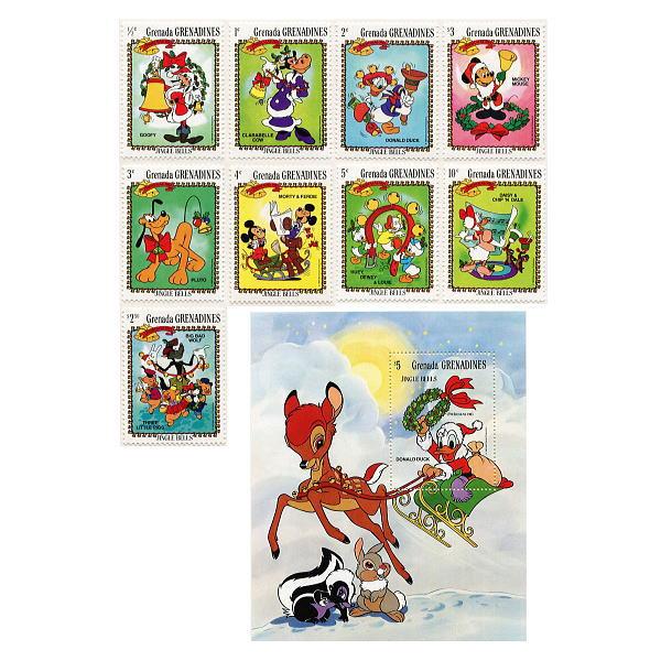 FAB4、バンビ他切手/小型シート1枚＆切手9枚（ジングルベル）発行国Grenada Grenadines1983年発行小型シート：12.4×10.2cm未使用これでフルセットですA4クリアファイルに収まる台紙にファイルされているためそのま...