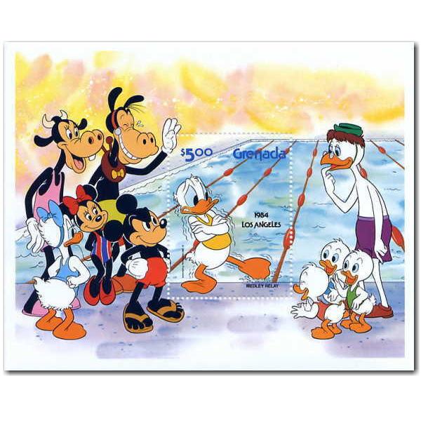 ドナルド＆ミッキー＆ミニー他（ロスサンゼルス・オリンピック）切手小型シート発行国Grenada1984年発行縦10.2×横12.7cm　未使用ドナルド、ミッキー、ミニー、デイジー、ヒューイ＆デューイ＆ルーイ、ジャイロ、クララベル、ホーレス