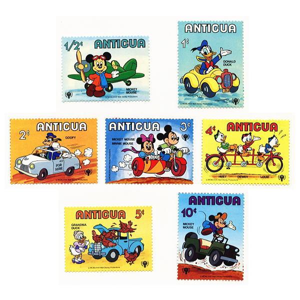 ミッキー、ドナルド、グーフィー他切手7枚セット（乗り物）発行国Antigua1980年発行未使用A4クリアファイルに収まる台紙にファイルされているためそのままお送りします。ミッキー、ミニー、、ドナルド、グーフィー、ヒューイ＆デューイ＆ルーイ...