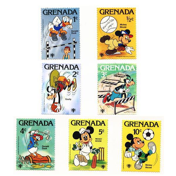 ミッキー、ドナルド、グーフィー切手7枚セット（スポーツ）発行国Grenada1979年発行未使用A4クリアファイルに収まる台紙にファイルされているためそのままお送りします。