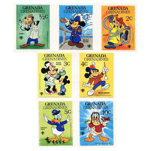 ミッキー、ドナルド、グーフィー切手7枚セット発行国Grenada Grenadines1979年未使用A4クリアファイルに収まる台紙にファイルされているためそのままお送りします。