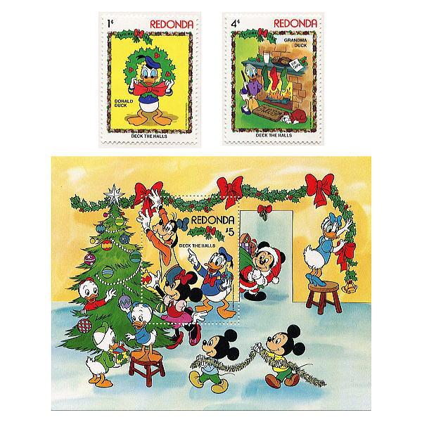 FAB4他切手/小型シート1枚＆切手2枚（クリスマス）発行国Redonda1983年発行小型シート：10.2×12.7cm未使用A4クリアファイルに収まる台紙にファイルされているためそのままお送りします。ミッキー、ミニー、ドナルド、グーフィ...