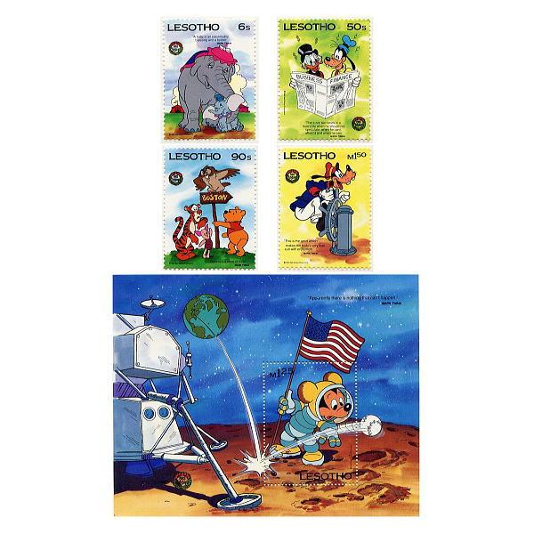 ミッキー他切手/小型シート1枚＆切手4枚（マーク・トウェイン生誕150年）発行国Lesotho1985年発行小型シート：10.2×12.7cm未使用これでフルセットです「トム・ソーヤの冒険」の著者と知られるマーク・トウェイン生誕150周年の...