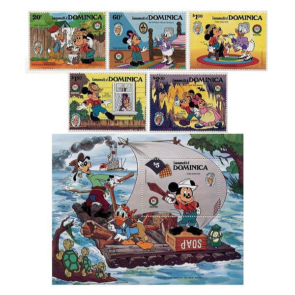FAB4＆グランマダック切手/小型シート1枚＆切手5枚（マーク・トウェイン生誕150年）発行国Dominica1985年発行小型シート：10.1×12.6cm未使用これでフルセットです「トム・ソーヤの冒険」の著者と知られるマーク・トウェイン...