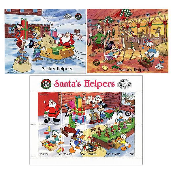 ミッキー＆ドナルド＆グーフィー他切手/小型シート2枚＆切手8枚1シート（サンタのヘルパー）発行国Uganda1988年発行小型シート：10.2×12.7cm切手シート：13.9×17.7cm未使用これでフルセットですA4クリアファイルに収ま...