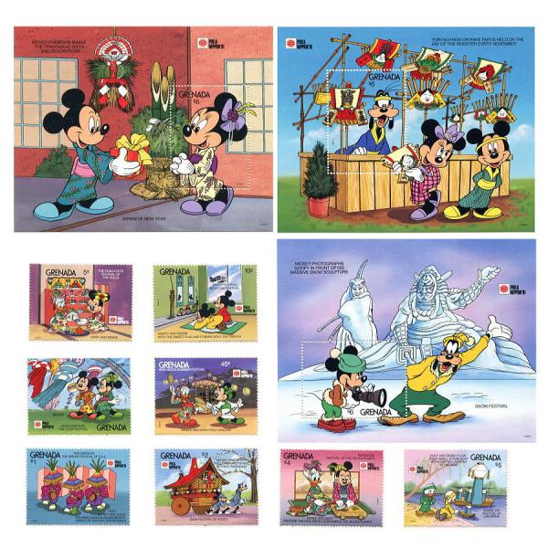 ミッキー＆ミニー＆グーフィー他切手/小型シート3枚＆切手8枚（日本国際切手展91）発行国Grenada1991年発行小型シート：10.1×12.7cm未使用これでフルセットですA4クリアファイルに収まる台紙にファイルされているためそのままお...