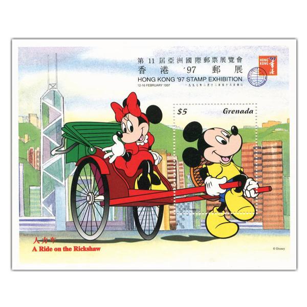ミッキー＆ミニー小型シート（人力車）香港'97第11回アジア国際切手展発行国Grenada1997年10.8×13.2cm未使用