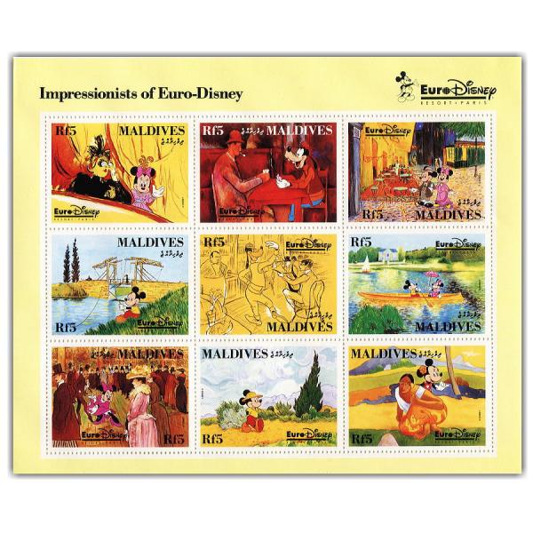 ミッキー＆ミニー＆グーフィー切手9枚1シート（ユーロ・ディズニー）発行国Maldives1980年発行14.2×17.4cm　未使用