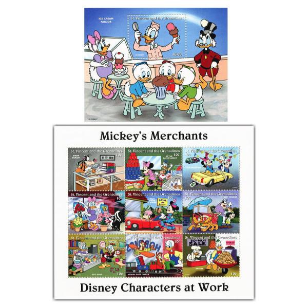 ドナルドファミリー他切手9枚1シート＆小型シート1枚（商売人）発行国St. Vincent and the Grenadines1996年発行シート：15.3×17.8cm小型シート：10.2×12.7cm未使用A4クリアファイルに収まる台...