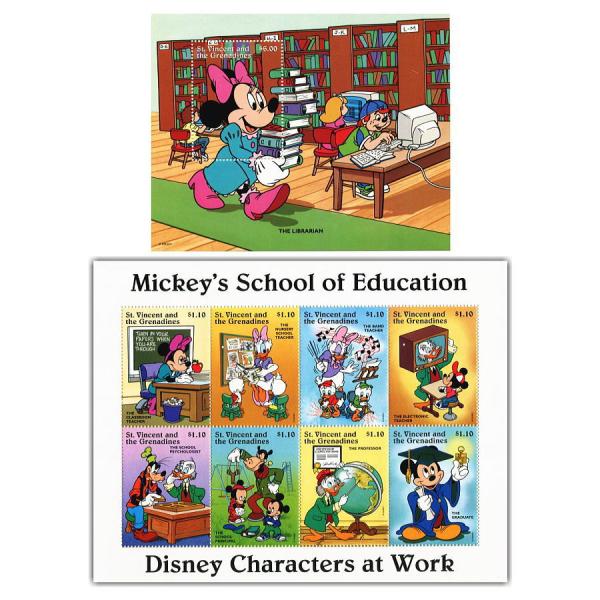 ミニー＆デイジー他切手9枚1シート＆小型シート1枚（教育）発行国St. Vincent and the Grenadines1996年発行シート：15.3×17.8cm小型シート：10.2×12.7cm未使用A4クリアファイルに収まる台紙に...