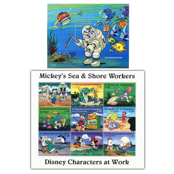 グーフィー＆ドナルド他切手9枚1シート＆小型シート1枚（海と海岸の労働者）発行国St. Vincent and the Grenadines1996年発行シート：15.3×17.8cm小型シート：10.2×12.7cm未使用A4クリアファイ...