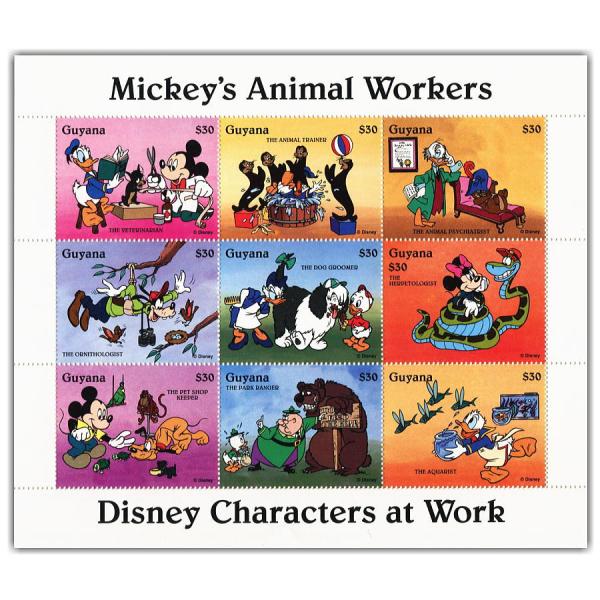FAB5他切手9枚1シート（動物相手の仕事）発行国Guyana1995年発行シート：15.2×17.8cm未使用A4クリアファイルに収まる台紙にファイルされているためそのままお送りします。ミッキー、ミニー、ドナルド、グーフィー、プルート、デ...