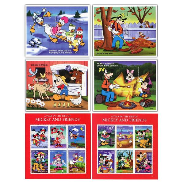 FAB6他切手6枚1シート2枚＆小型シート4枚（ミッキー達の1年）発行国Ghana1998年発行シート：13.6×13..6cm小型シート：10.3×13.3cm未使用これでフルセットですA4クリアファイルに収まる台紙にファイルされているた...