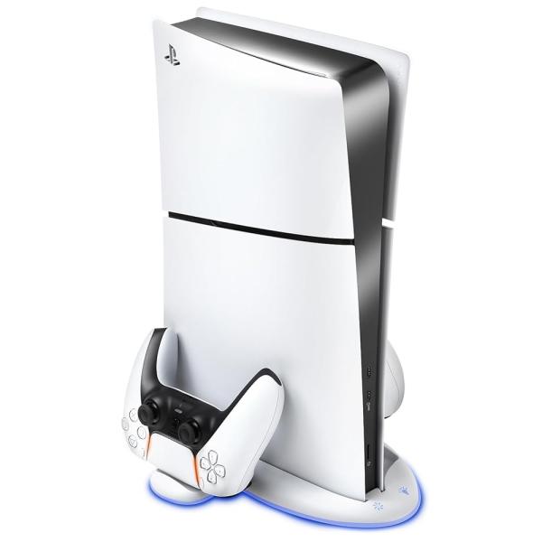 「商品情報」「主な仕様」PS5 Slim縦置きスタンド(デジタル/ディスク版対応)コントローラー2台同時充電（純正/Edge対応）RGB LEDライト（7色9モード）3段階風速調整冷却ファン省スペース設計滑り止めマット＆固定ネジ付き1年保証