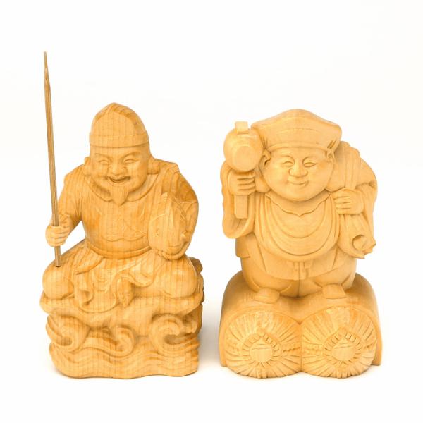 七福神 置物 木彫 えびす エビス 恵比寿 恵比須 戎 夷 大黒 二福神 彫刻 上彫 神具 木彫の二福神（えびす様・大黒様）を通信販売。伊勢神宮のお膝元で神棚・神具の製造販売を行う伊勢 宮忠がお届けします。