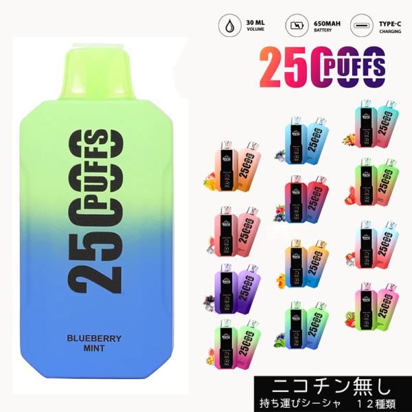 0％ニコチン電子シーシャ特徴：●バッテリー：650mAh●容量：30ml●パフ：25000パフ （回数は個人差があり）●抵抗値メッシュコイル 1.0Ω（ダブルメッシュ）●ニコチン：0%●フレーバー：12種類の素晴らしいフルーツフレーバー●充...
