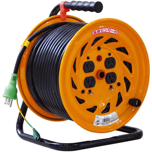 屋内型の電工ドラム50mです。温度センサー搭載（自動復帰タイプ）です。入力プラグはポッキンプラグです。仕様：屋内型定格電圧：125V定格電流：4A（全巻時）15A（全延時）電線長(m)：50電線種：VCT 2.0mm2×3心アース：◯入力プ...