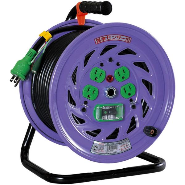 屋内型の電工ドラム50mです。ブレーカータイプは漏電保護専用、温度センサー搭載（手動復帰タイプ）です。入力プラグはポッキンプラグです。仕様：屋内型定格電圧：100V定格電流：4A（全巻時）15A（全延時）電線長(m)：50電線種：VCT 2...