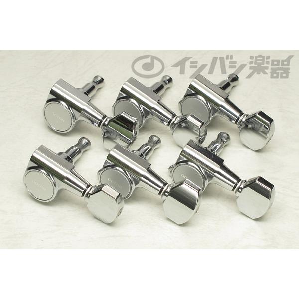 ## 《ペグ《片側6連 ##GOTOH SG381 C 07 L6 SG381ボタン： 07配列： 右利き用片側6連 配列ギア比： 1：16右利き用6連のシャーラーミニタイプのツマミが搭載されたロトマチックタイプのペグです。カラーはクローム...