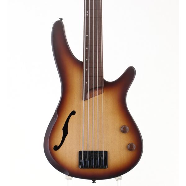 5弦フレットレス・チェンバーボディのセミホロウベース、アイバニーズ・Bass Work Shopシリーズ・SRH505Fです。マホガニー材を大胆にくり抜いたチェンバー・ボディにスプルース材をトップに貼りあわせたセミホロウ構造、Contour...