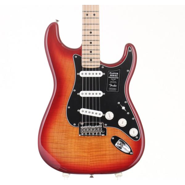 フェンダー(Made in Mexico)のプレイヤーシリーズ・ストラトキャスター・プラストップ・メイプル指板モデル、2022年製です。美しいフレイムメイプルをトップにあしらったプラストップのプレーヤー・ストラト。9.5インチR指板とミディ...