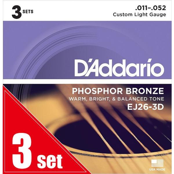ダダリオのアコースティックギター フォスファーブロンズ弦EJ-26の3セットパックです。Acoustic Guitar StringsDAddario / EJ26-3D / Custom Light.011 .015 .022 .032 ...