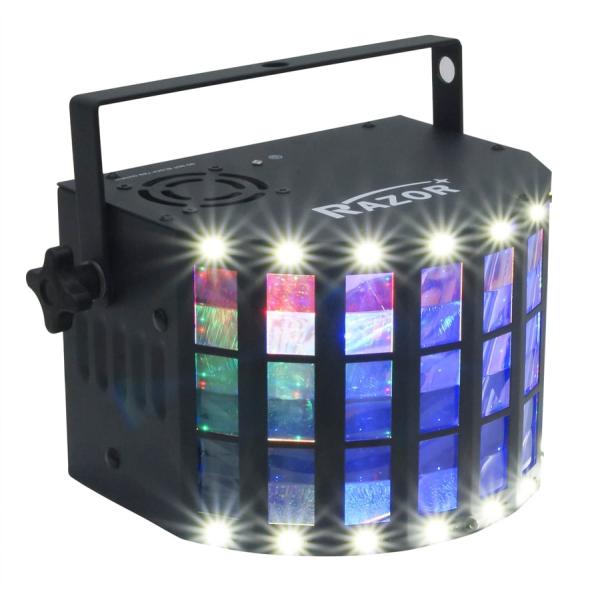 ダービーライト＋ストロボのエフェクトライトe-lite「RAZOR ST」は、はRGBW LED ダービーライトとストロボライトを16 ユニット搭載したマルチエフェクトライトです。付属のリモコンでワイヤレス操作も可能です。