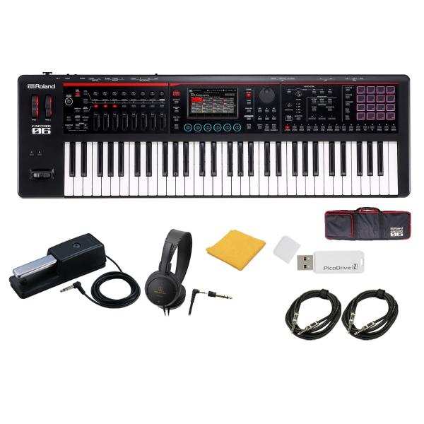アクセサリーが揃ってお買い得！【セット内容】●Roland / FANTOM-06●Roland / DP-10 (ダンパーペダル)●3ｍ シールドケーブル 2本●ヘッドホン●16GB USBメモリー●楽器クロス※ヘッドホンは在庫状況により...