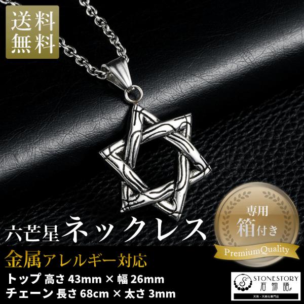 商品詳細情報・トップサイズ：高さ約43mm × 幅約26mm・チェーン長さ：68cm × 太さ3mm・素材：316Lサージカルステンレス（金属アレルギー対応）トップ部分の六芒星は、洗練された立体的なデザインで首元を華やかに演出。チェーンは適...