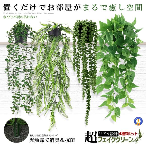 置くだけで、お部屋がまるで癒し空間。光触媒で消臭＆抗菌。おしゃれに空気までキレイ水やり不要の枯れない「超リアルフェイクグリーン」●忙しい毎日に手間ゼロの癒しを！吊るすだけでカフェみたいな空間に。ペットやお子様がいるご家庭にも。●お部屋に“本...