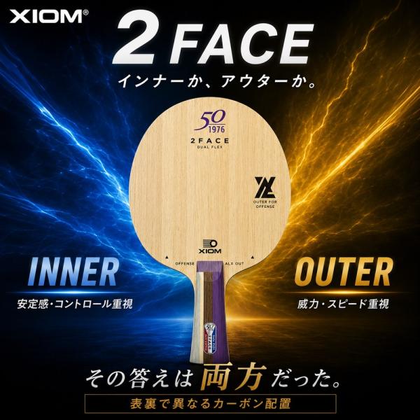XIOM（エクシオン）2FACE（ツーフェイス）シェークラケット。表裏で異なるカーボン配置を採用したデュアルフレックス設計。フォア面はアウターカーボンで威力・スピード、バック面はインナーカーボンで安定感・コントロール。合板構成5+2（木材5...