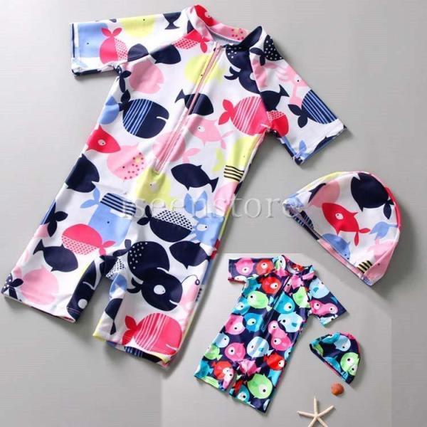 子供 水着 キッズ 男の子 女の子 オールインワン 連体水着 半袖 ラッシュガード 水泳キャップ セット 赤ちゃん ロンパース 子ども ベビー 水泳 可愛い スイムウェア 水遊び ジップアップ スイムスーツ 紫外線カット UVカット 日焼け...