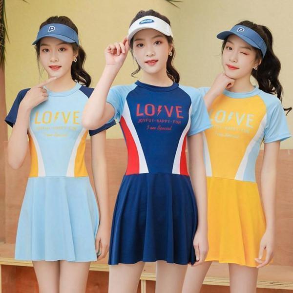 水着 ワンピース 女の子 半袖 ショーツ付き キッズ こども 女児 女子 ジュニア ガールズ 子供用 小学生 中学生 シンプル かわいい 英字