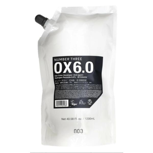 ナンバースリー OX6.0 1200mlNUMBER THREE OX6.0酸化剤 過酸化水素6.0％ナンバースリーヒュウ OX6医薬部外品酸化染毛剤または脱色剤、脱染剤の1剤と本品を既定の割合で混合してお使いください。Hair Color...