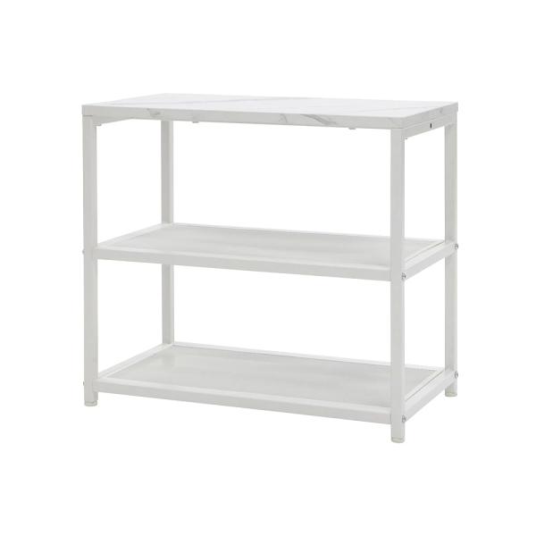 「商品情報」「主な仕様」【サイズ】約50×26×45cm【カラー】ホワイト【重量】約4kg【材質】天板：合成樹脂化粧繊維板　棚・脚部・アジャスター金属部分：スチール(ポリエステル樹脂塗装)【耐荷重】天板：80kg　棚：各10kg