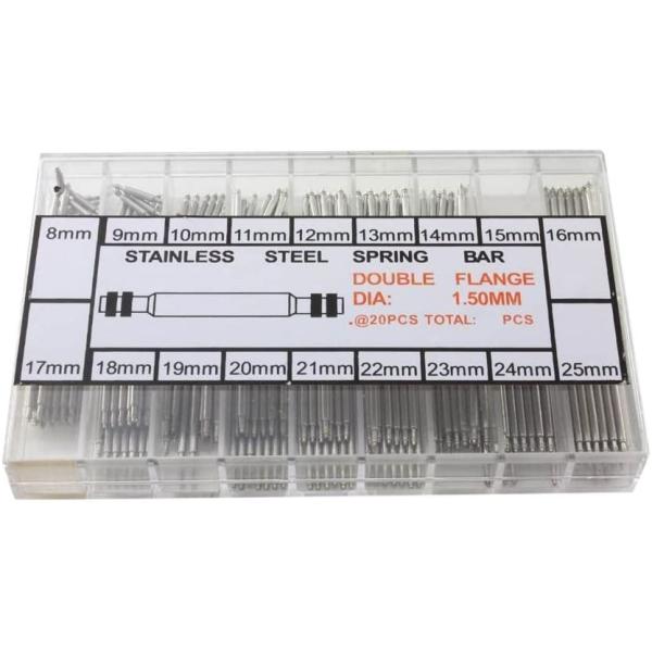 時計のメンテナンスに重宝する腕時計ベルト用バネ棒のセットです劣化や紛失などで交換が必要な時、バネ棒のスペアがあるととっても便利です予備分も充実しているので、何かのはずみで紛失してしまっても安心です♪専用ケース付で保管も簡単ですサイズ：8mm...