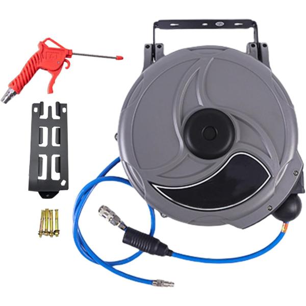 エアホースの最大長さは15 mで、自由に引き出すことができます。早く巻き取っても絡まないもつれ防止機能付き。お好みの長さに調整でき、使用後、再びホースを軽く引くと、スプリングの働きで自動的にホースが巻き取られるので、後片付けが簡単で、整然と...