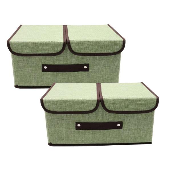 ふた・仕切り付き マルチ収納ケース 折りたたみ可能 リネン 小物 おもちゃ 整理 衣類収納ボックス (グリーン  37.5L(2個))