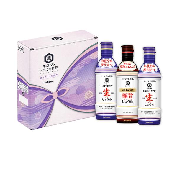 容量/入数：450ml×3本メーカー名：キッコーマン食品株式会社セット内容 ： しぼりたて生しょうゆ450ｍｌ×２、極旨しょうゆ450ｍｌ×１産地 ： 千葉県冷蔵区分 ： 常温アレルギー ： 小麦、大豆輸送箱 ：