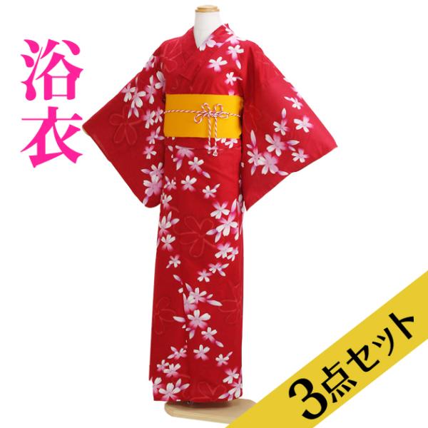 商品番号:FDSY017【浴衣3点セット　レンタル】■素材：綿100％■色/柄：赤色/桜■適応サイズ…・身長：〜150cm前後・洋服サイズ：5号〜7号まで・ヒップサイズ：〜85cm※帯・下駄のデザインはおまかせになります。コーディネーターが...
