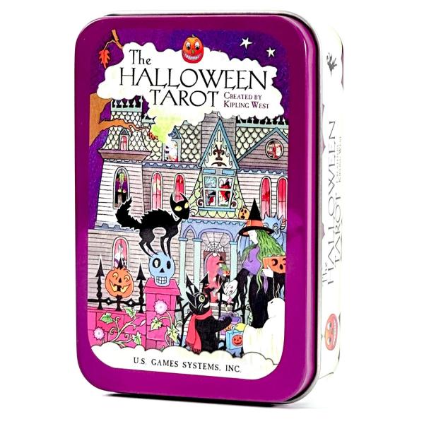 「ハロウィン・タロット」の缶入りのポケットサイズのタロットカードです。大アルカナのキャラクターたちは、ホラー映画やハロウィンにインスパイアされた、フランケンシュタインとその花嫁が皇帝と女帝のカードを象徴します。小アルカナでは、かぼちゃ（Pu...