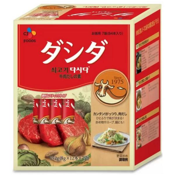 ダシダ（牛肉）スティックコンセプト：韓国料理には欠かせない、おいしさの決め手となる「牛肉ダシダ」。これ１つで、本格的な韓国料理が作れます。特徴：じっくり煮込んだ牛骨エキスに、玉ねぎ、ニンニクなどの野菜と薬味を配合。素材のおいしさが溶けこんだ...
