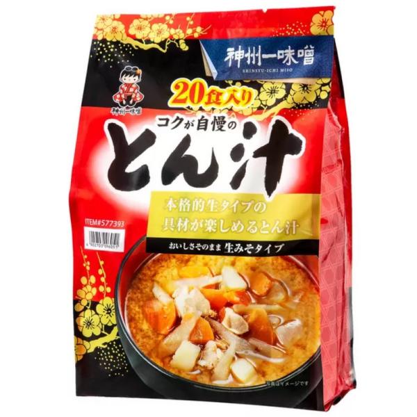 神州一味噌 コクが自慢のとん汁 1180g(59g×20食入り)じゃがいも、大根、豚肉、人参、ごぼう、玉ねぎと素朴な味わいのみそを組み合わせた、コク深く香り豊かなとん汁です。名称：即席みそ汁（生みそタイプ）原材料名：【調味みそ】米みそ、食塩...