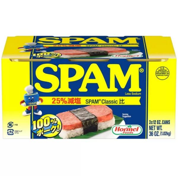 沖縄では、数多くのポーク缶詰があり、中でもSPAMは、味と知名度共に人気商品です。ポークおにぎりや、ポーク卵定食、ゴーヤーチャンプルー等に使用されています。レギュラースパムの塩分を25％カットで、程よい塩分でいろいろな料理に良く合います。品...