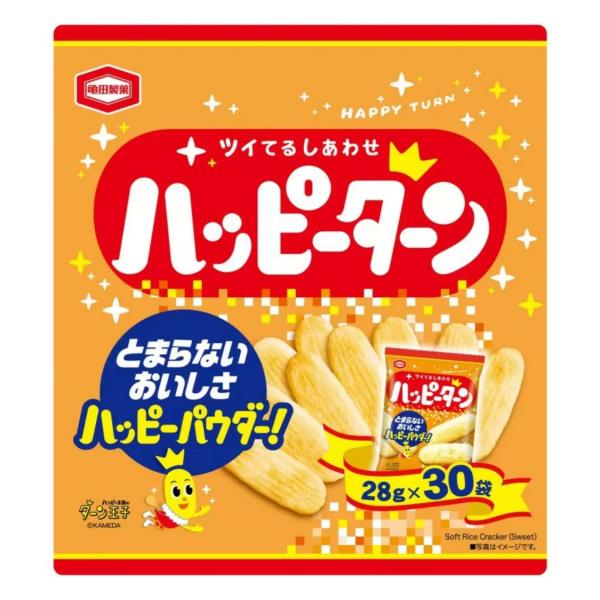 ハッピーターンは約50年前に誕生して以来、日本の多くのお客様にご愛好頂いている商品です。カリッとサクサク食感のおせんべいにたっぷり振りかけた甘じょっぱいハッピーパウダーで仕上げました。ちょっとしたお出かけのおやつにピッタリな小袋タイプです。...