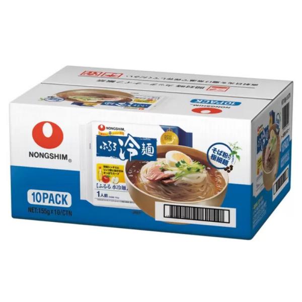 辛くない本場韓国の水冷麺コシのあるノンフライ麺そば粉入り極細麺使用1袋当たり カロリー460kcal、たんぱく質8.9g、脂質0.6g、炭水化物104.8g、食塩相当量4.3g 爆買