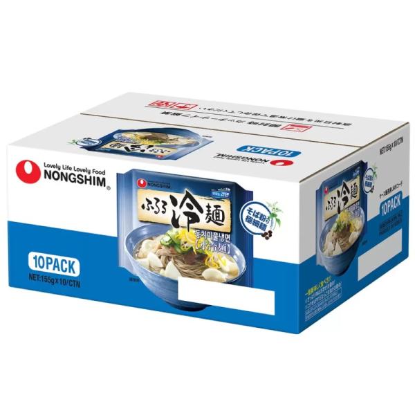 辛くない本場韓国の水冷麺コシのあるノンフライ麺そば粉入り極細麺使用1袋当たり カロリー460kcal、たんぱく質8.9g、脂質0.6g、炭水化物104.8g、食塩相当量4.3g 爆買