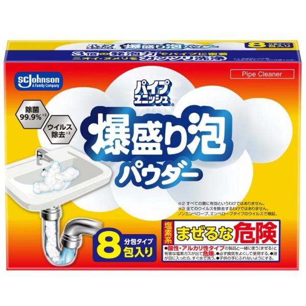 3倍の発泡力*1で排水口入り口から奥まで99.99%強力除菌*2洗浄成分配合の泡がパイプにピタッと密着してニオイ・ヌメリをガッツリ洗浄浴室・洗面所・台所の全ての排水口で使用可能*1当社従来品と比較　*2全ての菌にあてはまるわけではありません