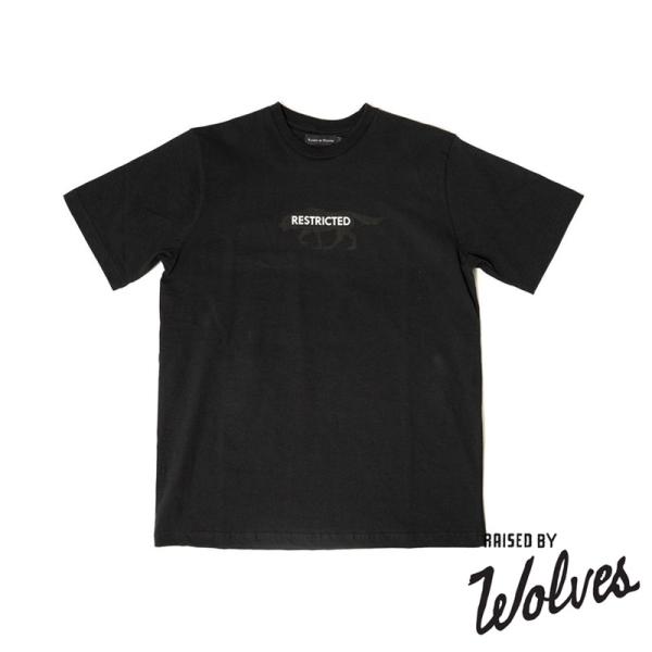 商品発送元：After Note （アフターノート）大阪 新世界ファッション・ブランド、カジュアル、メンズカジュアルウェア、Tシャツ、アメカジフロントにオオカミのシルエットとともにRESTRICTEDをプリントしたTシャツです。RAISED...